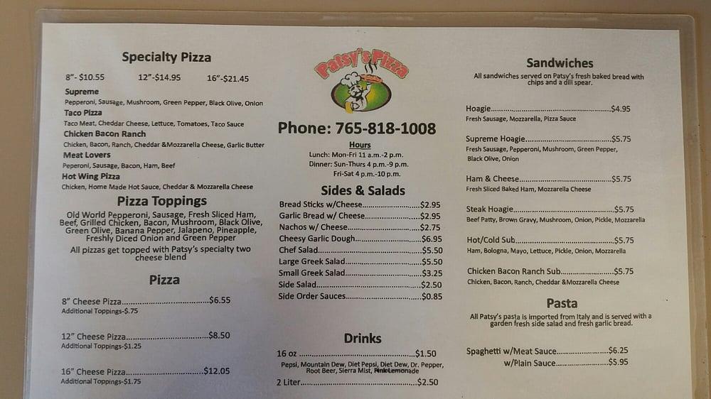Menu at Patsy's Pizza pizzeria, Morristown