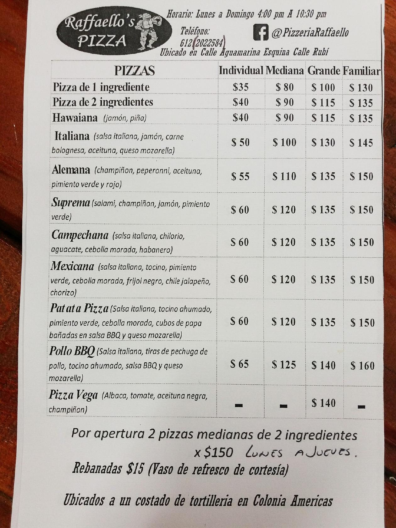Menu at Raffaello's Pizza restaurant, La Paz