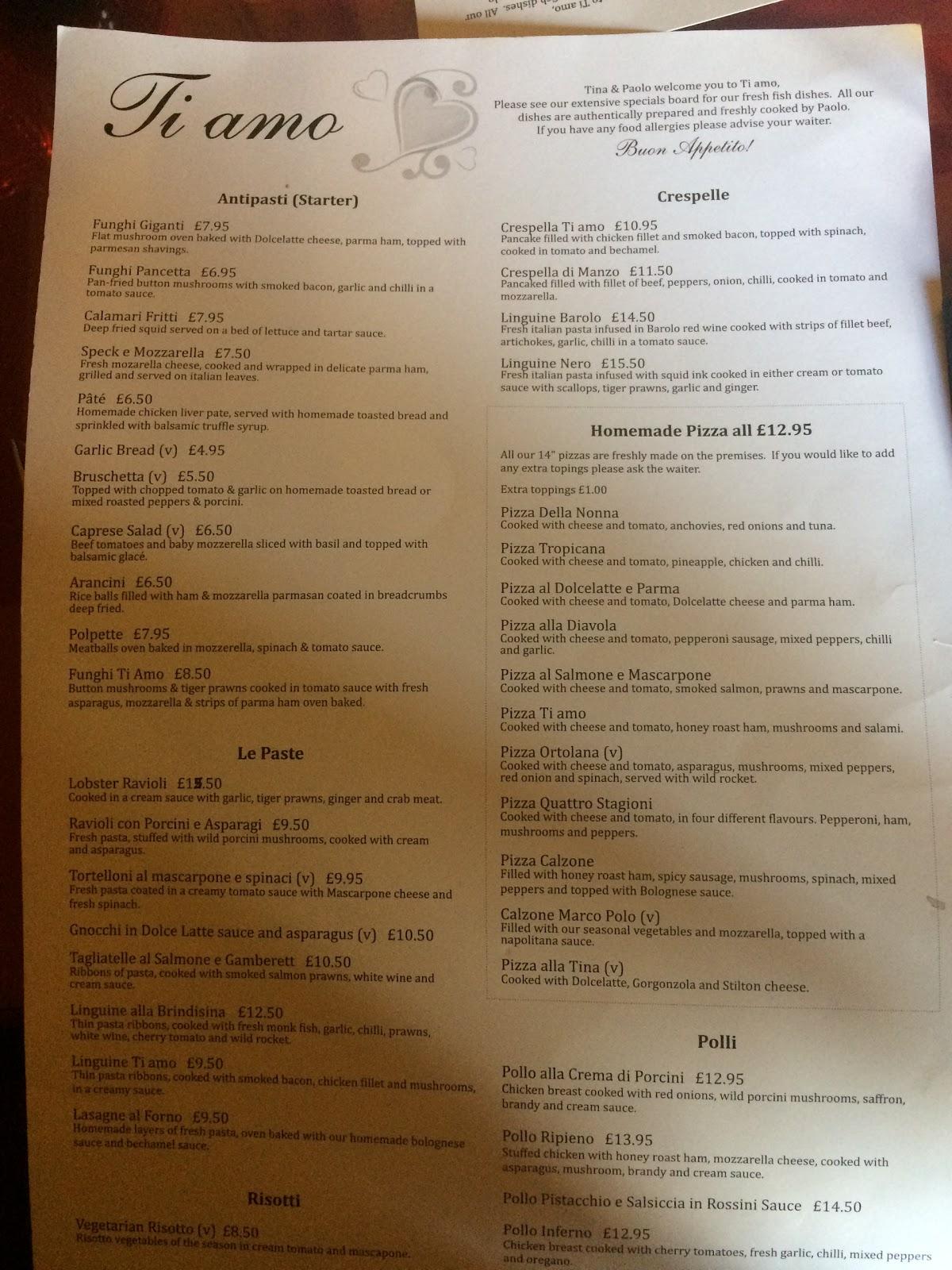 Menu at Ti Amo restaurant, Sheffield