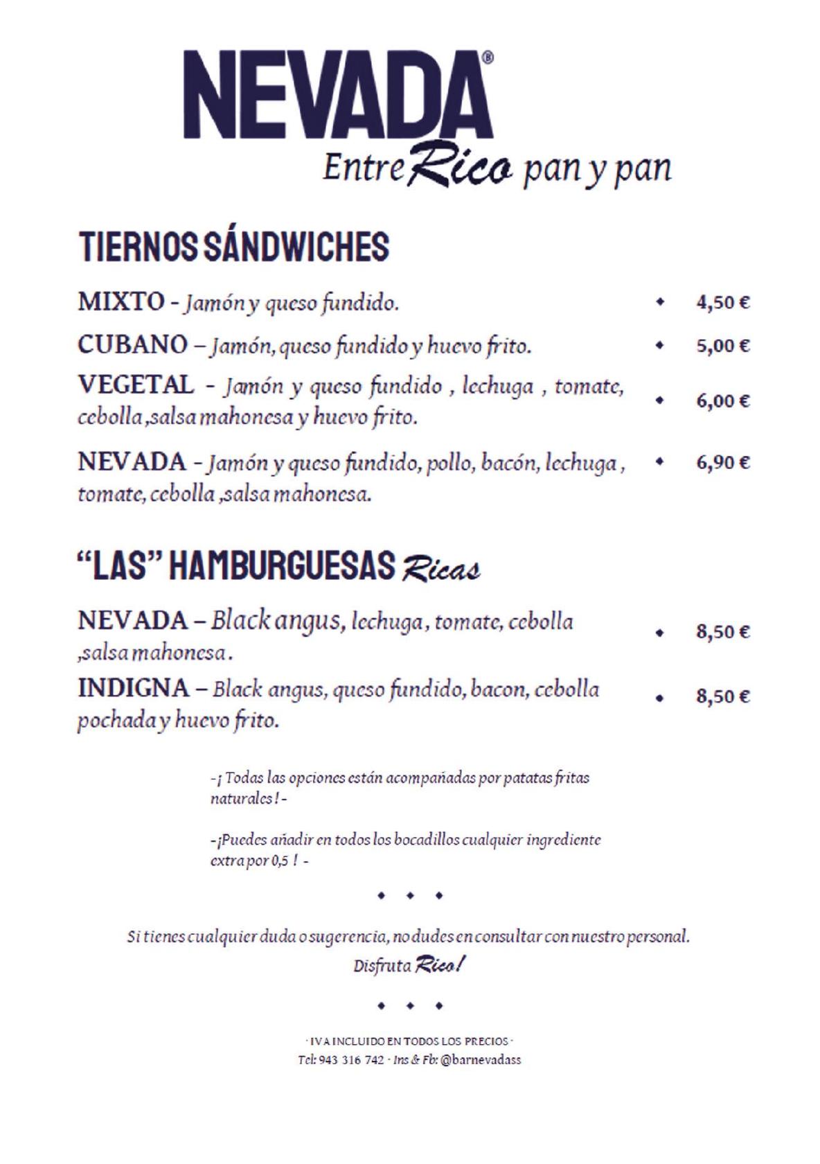Carta de Bar Nevada 2022, San Sebastián
