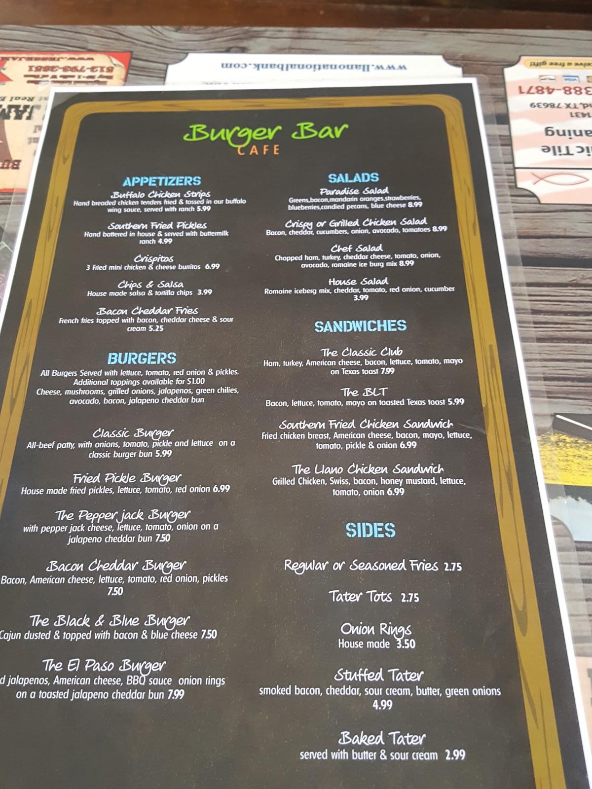 Menu at Burger Bar Cafe, Llano