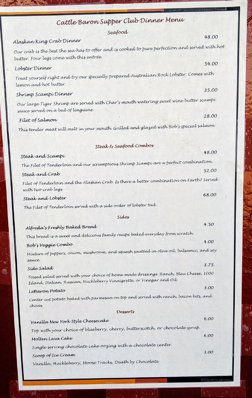 Menu at Cattle Baron Supper Club, Babb