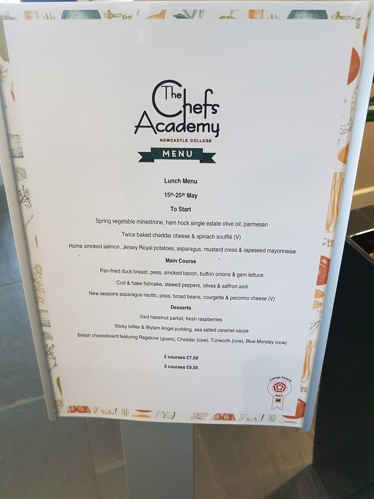Menu at Chefs' Academy Restaurant, Newcastle upon Tyne