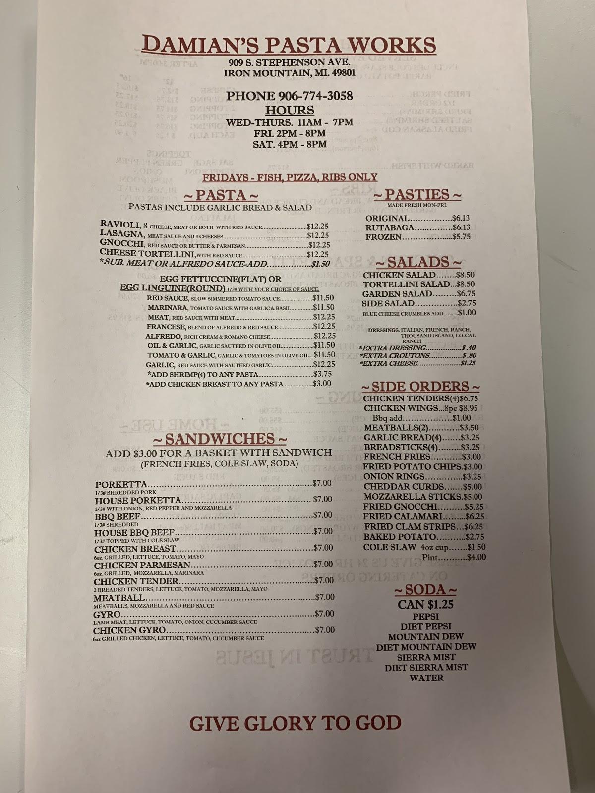 Menu at Damian's Pasta Works pizzeria, Iron Mountain