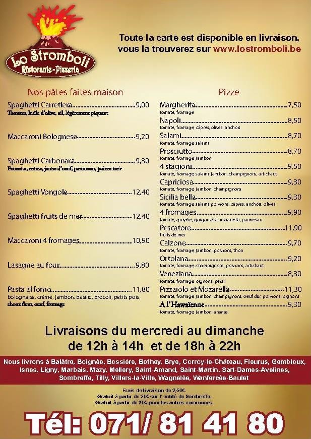 Menu au Lo Stromboli, Gembloux, Chau. de Nivelles 176