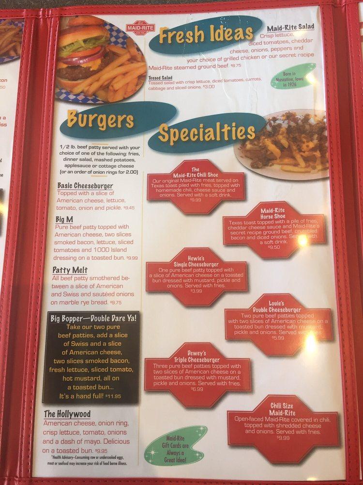Menu at Maid-Rite restaurant, East Moline