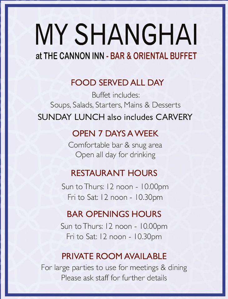 Menu at My Shanghai Bar & Oriental Buffet, North Shields, The Cannon Inn