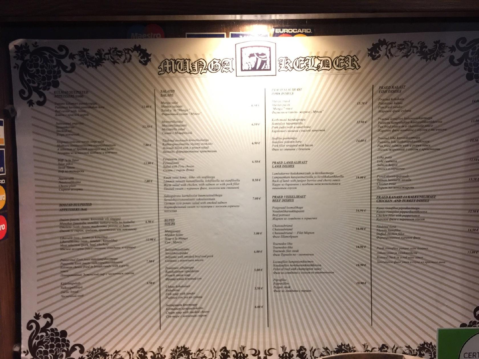 Menu at Restaurant Munga Kelder, Tallinn