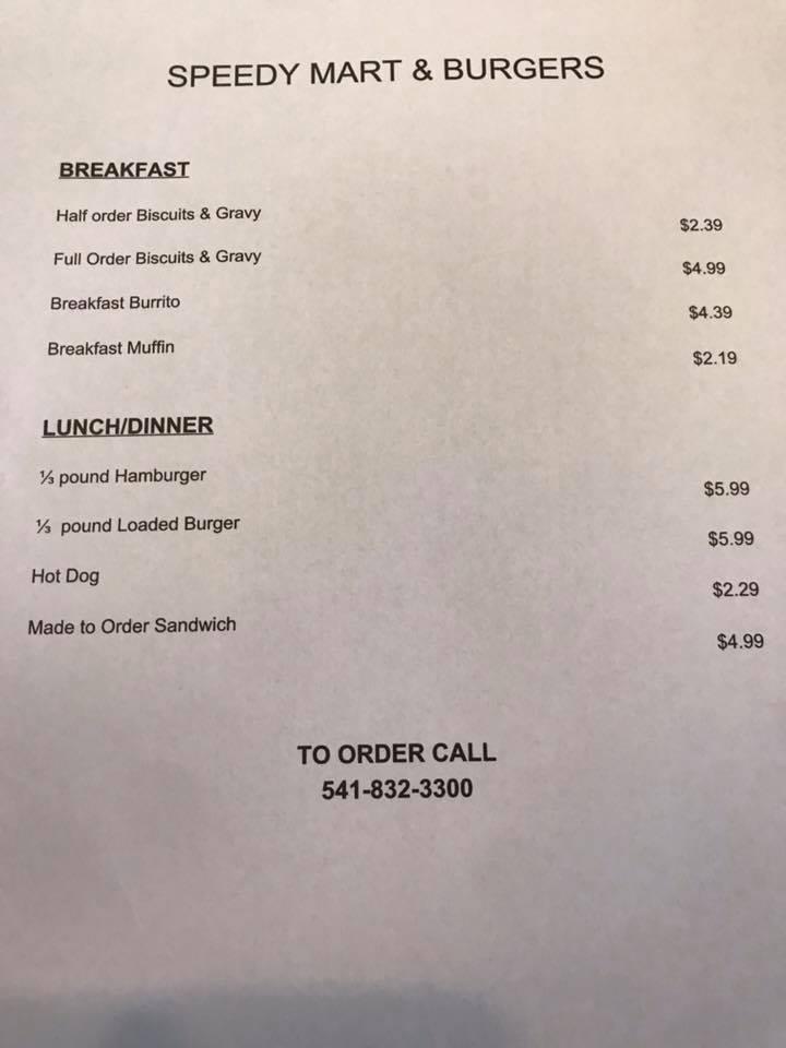 Menu at Speedy Mart and Burgers pizzeria, Glendale