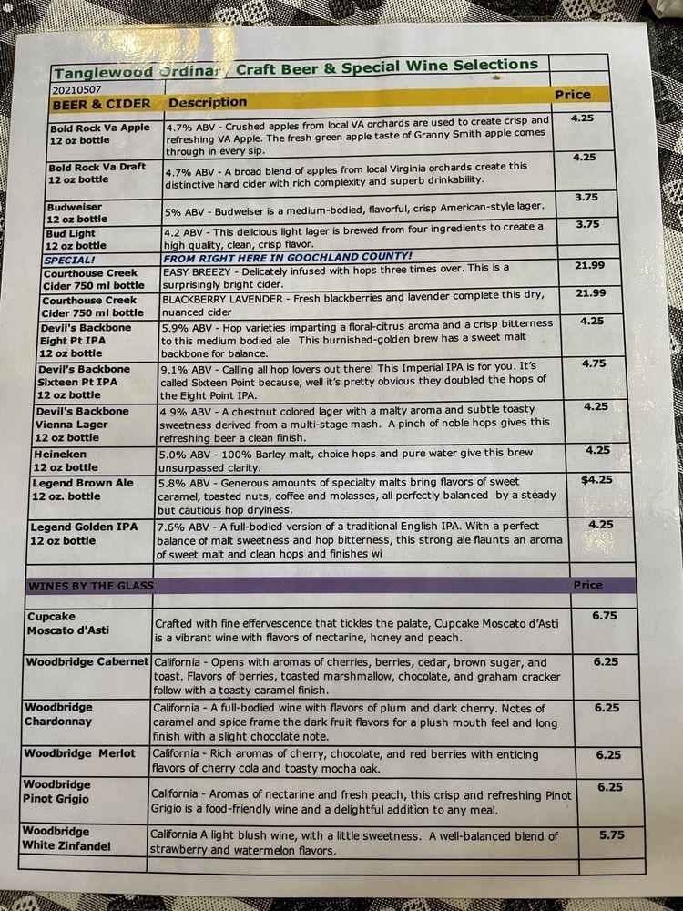 Menu at Tanglewood Ordinary Restaurant, Maidens