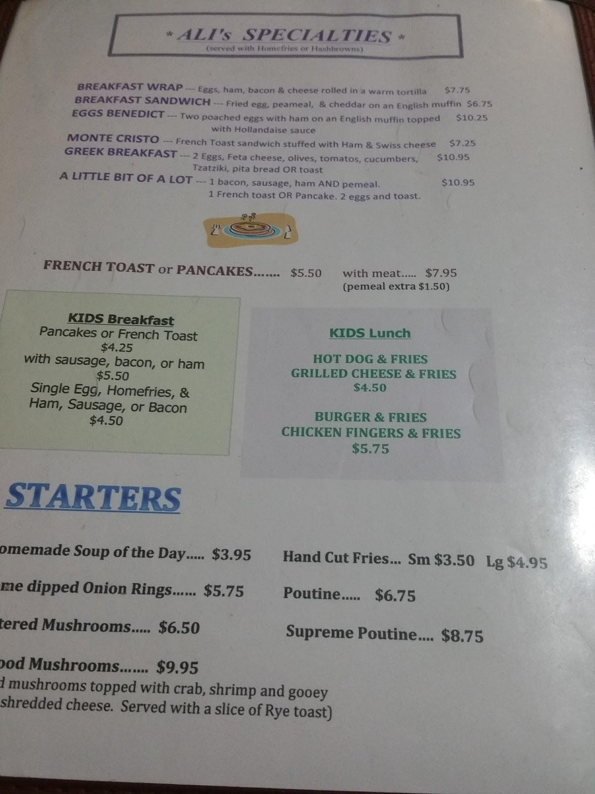 Menu at Ali’s Breakfast ‘n Lunch restaurant, Point Edward
