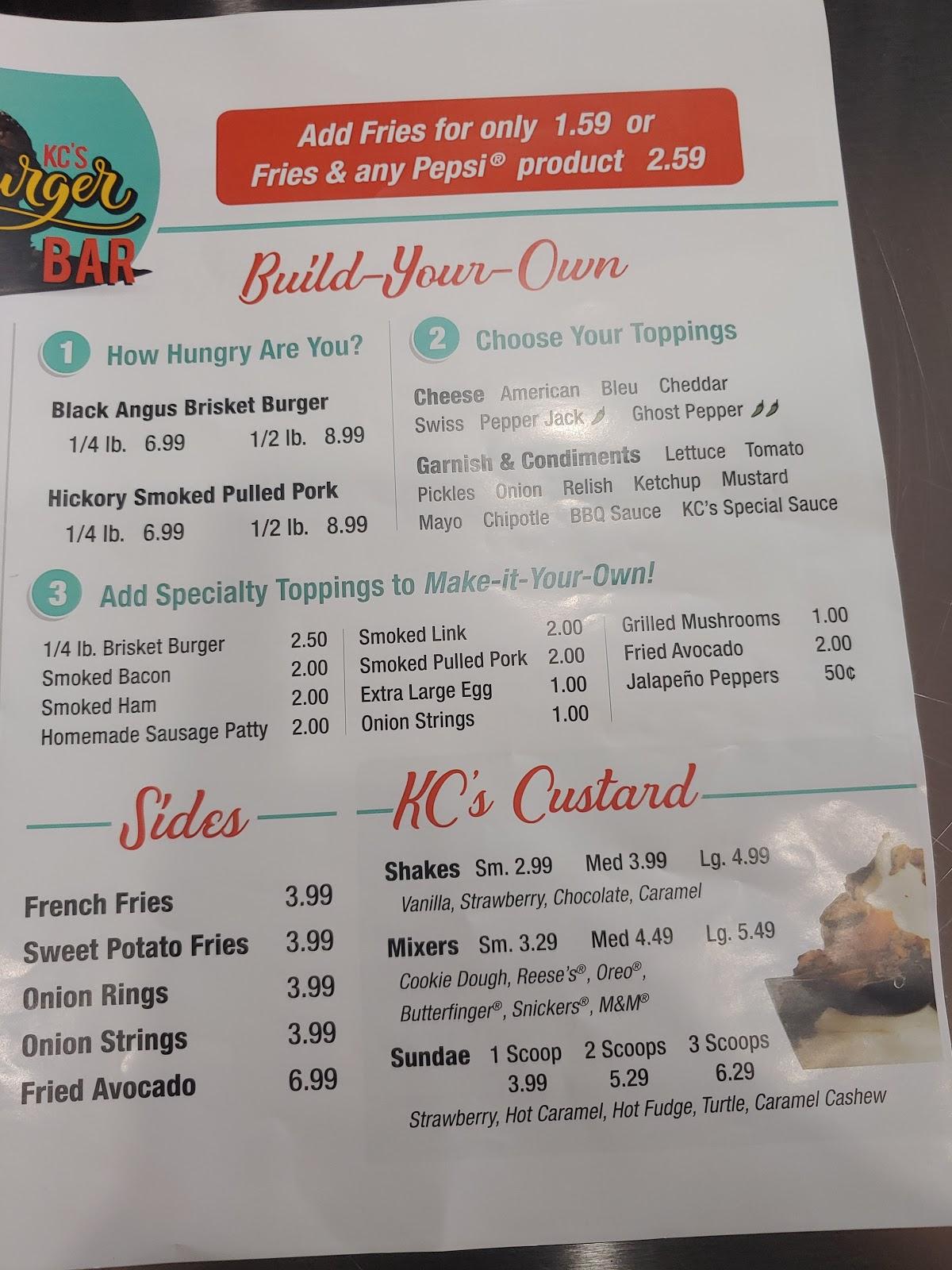 Menu at KCs Burger Bar, Machesney Park
