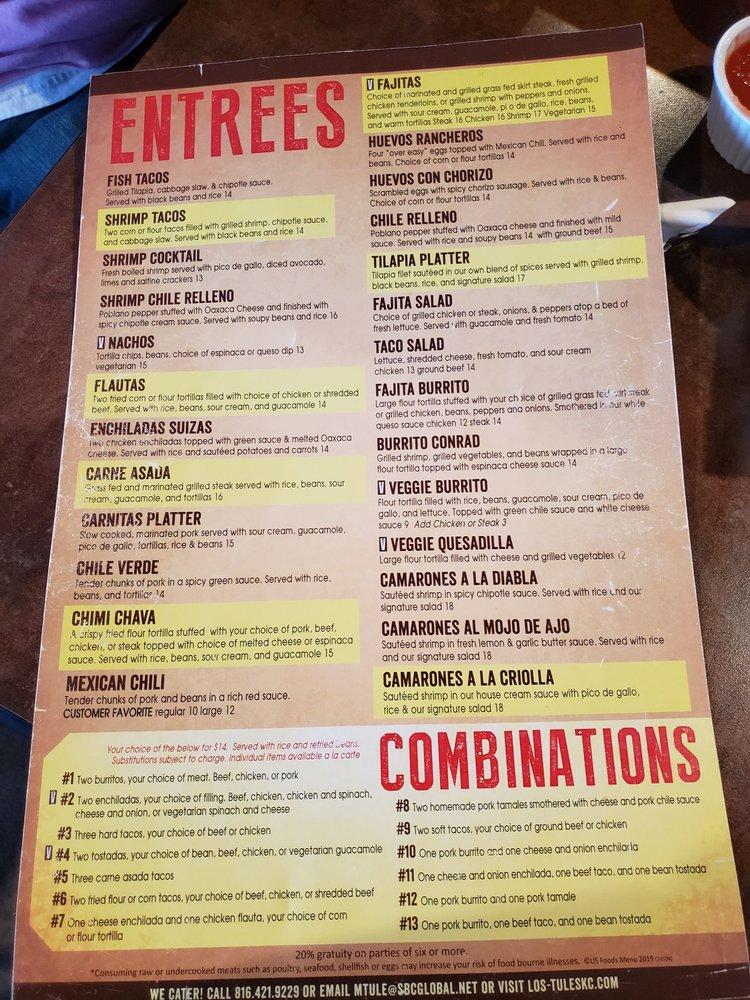 Menu at Los Tules restaurant, Kansas City, Broadway Blvd
