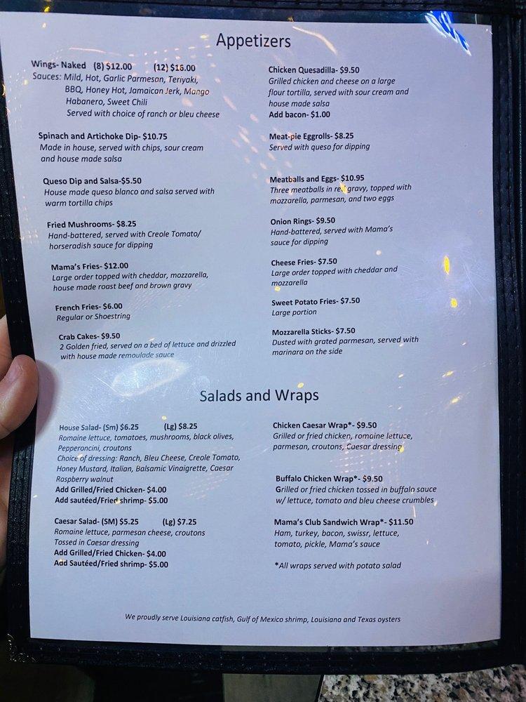 Menu at Mama's Place pub & bar, Metairie