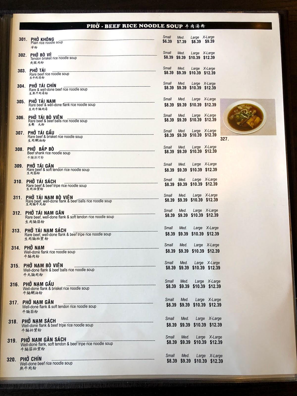 Menu at Pho Ngon restaurant, St. Catharines