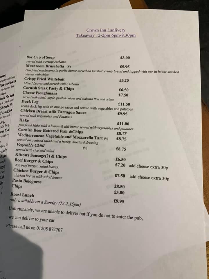 Menu at The Crown Inn pub & bar, Lanlivery, Crown Inn