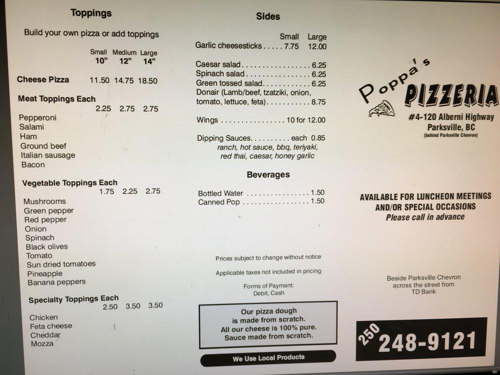 Menu at Poppa's Pizzeria, Parksville