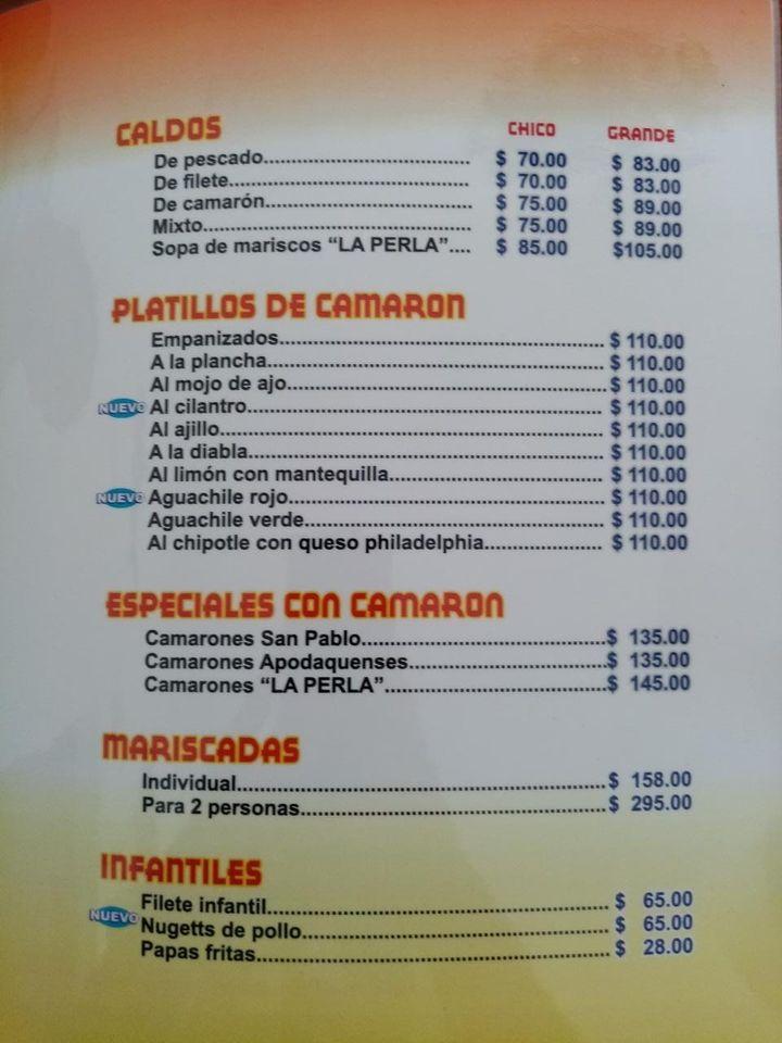 Menu at Restaurant de mariscos La Perla San Pablo, Misión San Pablo