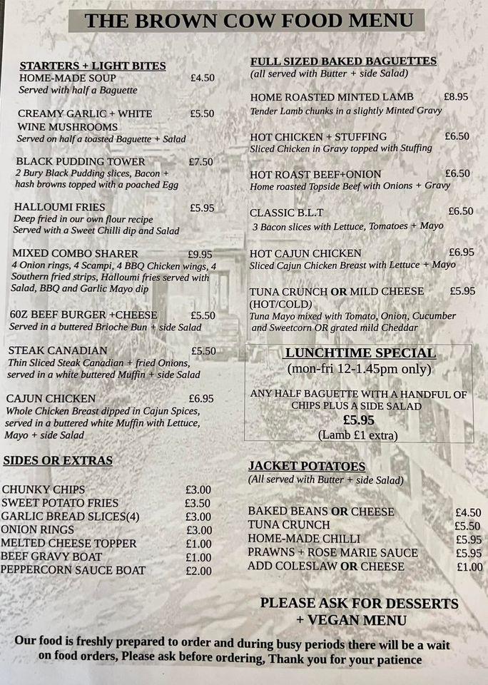 Menu at The Brown Cow pub & bar, Bury, Burrs Country Park