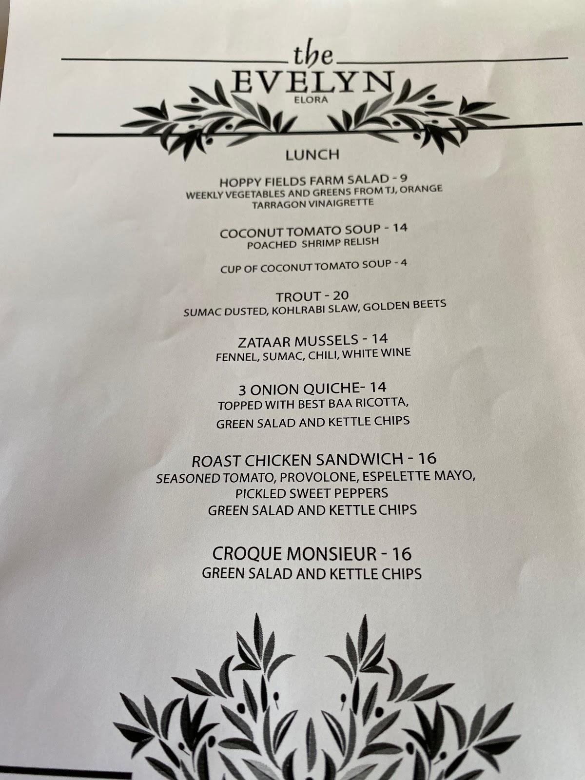 Menu at The Evelyn restaurant, Elora