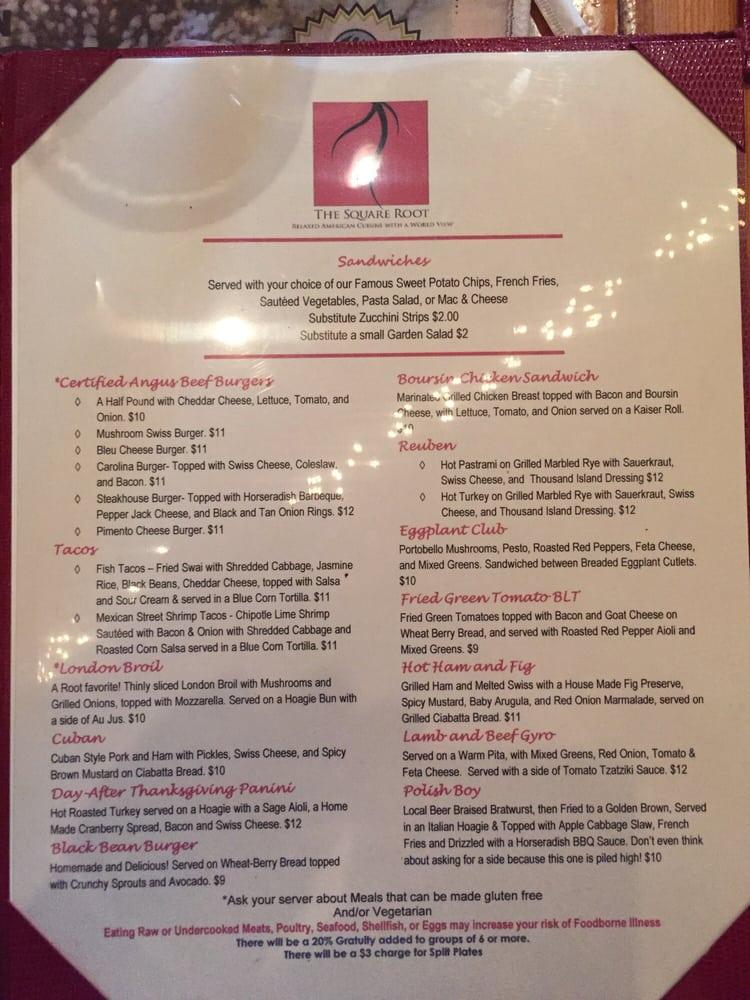 Menu at The Square Root restaurant, Brevard
