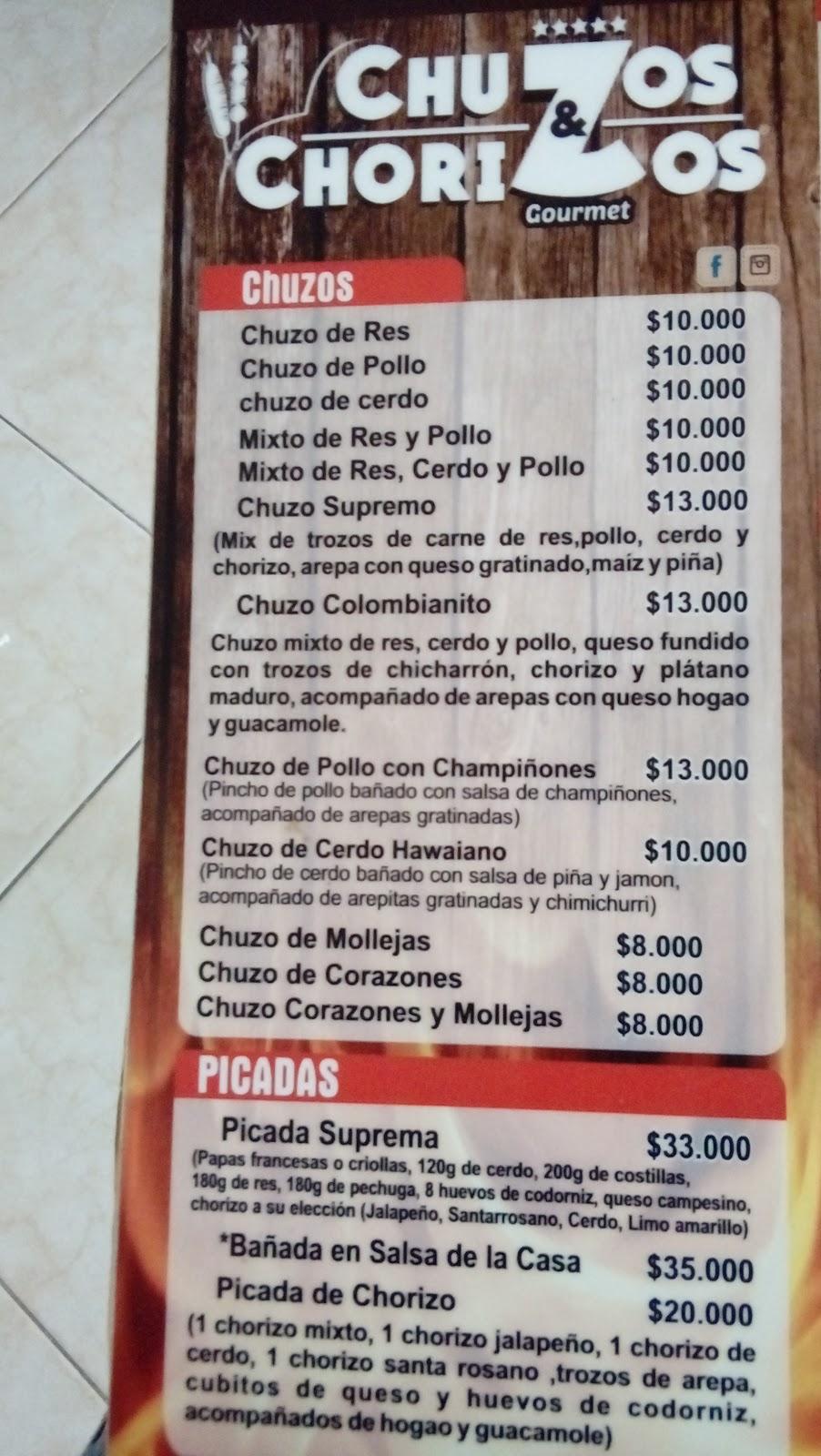 Menu at Chuzos y chorizos restaurant, Villavicencio