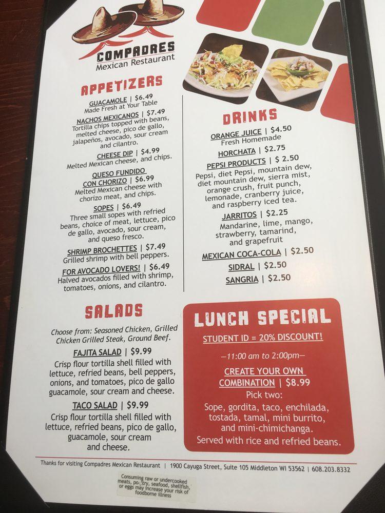 Menu at Compadres Mexican Restaurant, Middleton
