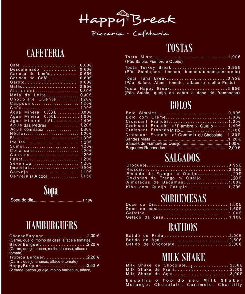 Menu at Happy Break restaurant, Lisbon
