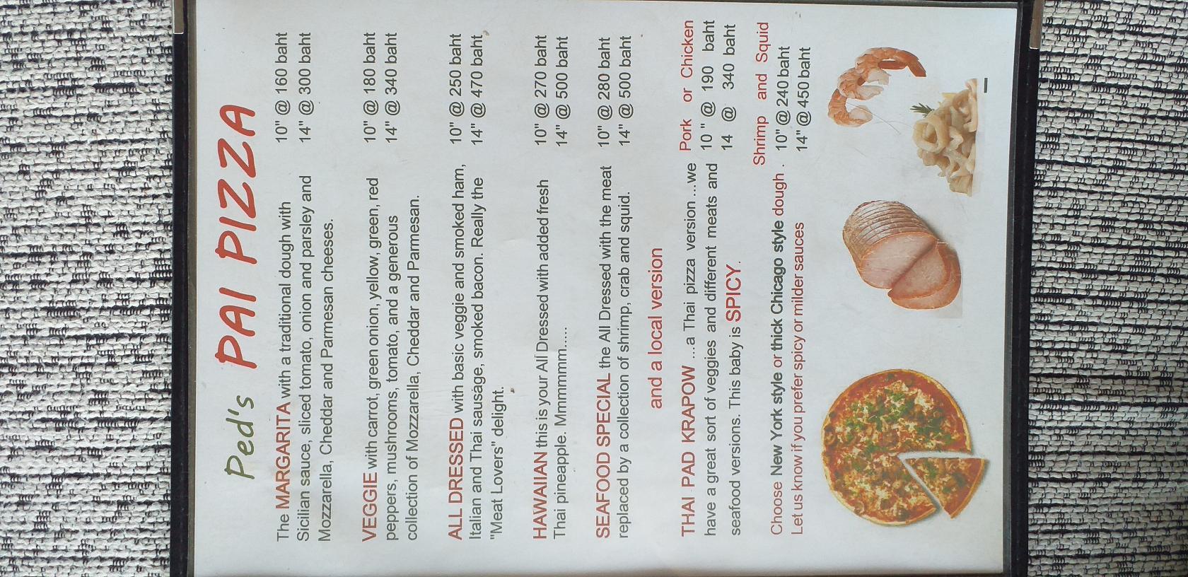 Menu at Ped's Pai Pizza restaurant, Pai