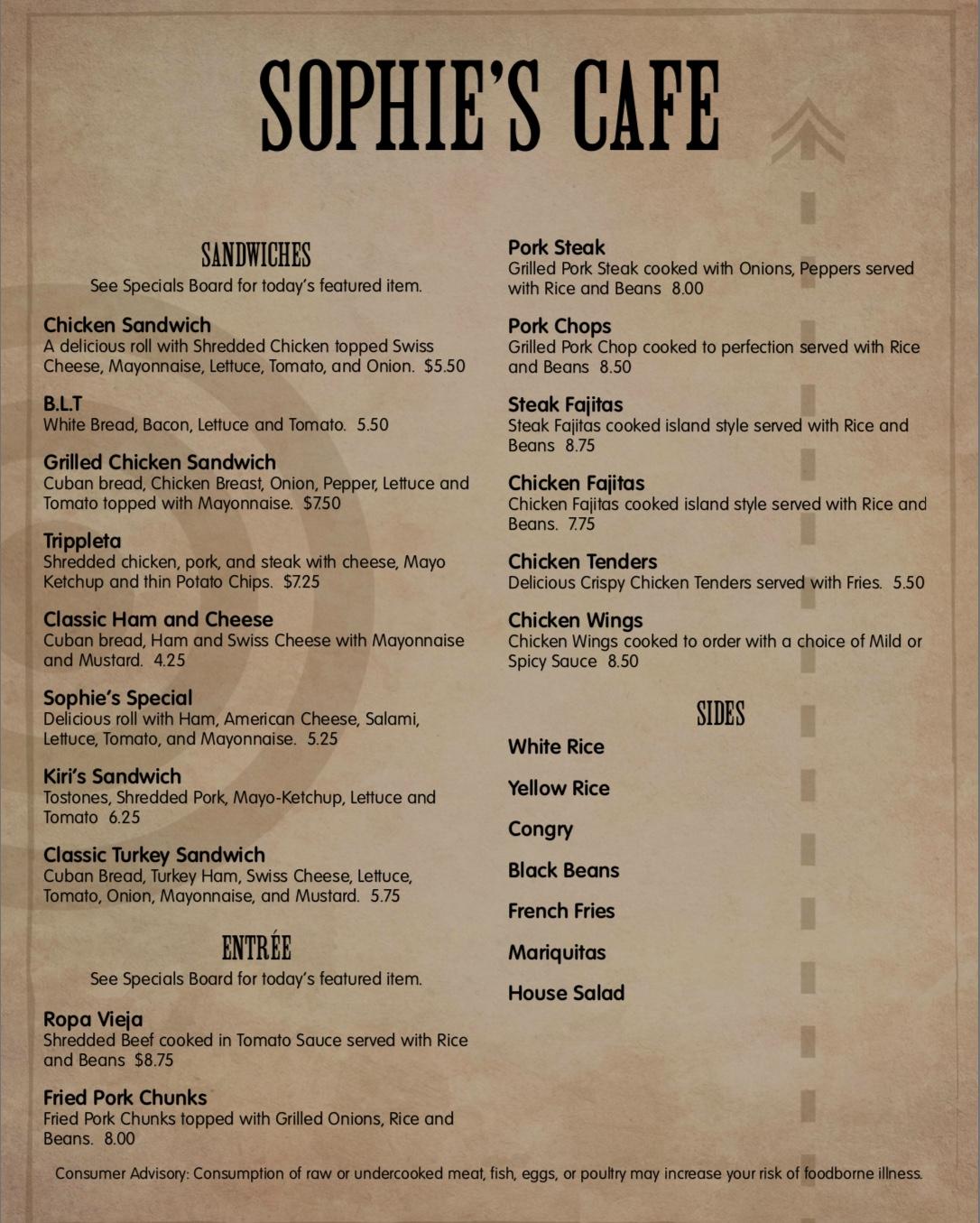 Menu at Sophie’s Cafe, Sebring