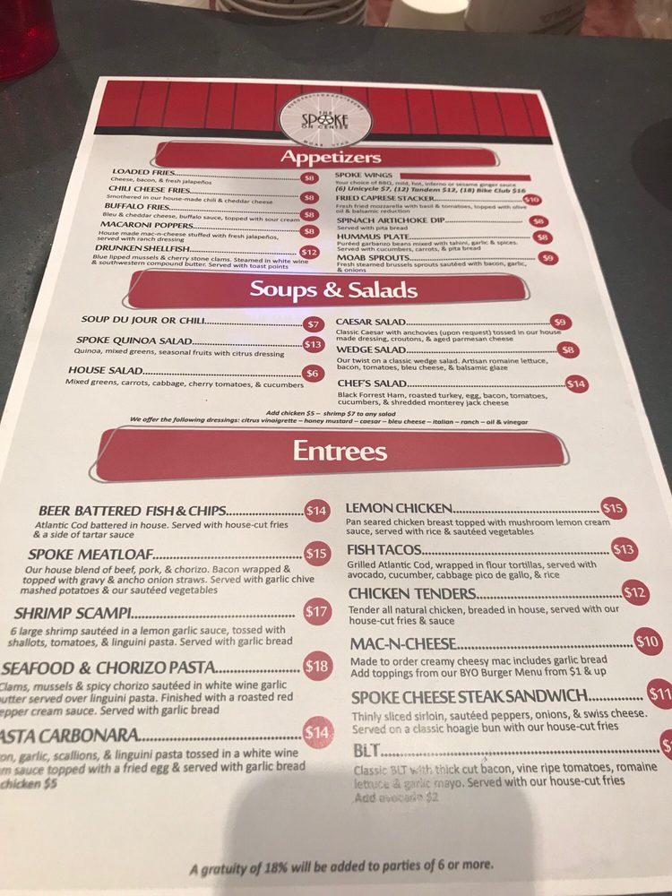 Menu at The Spoke on Center restaurant, Moab