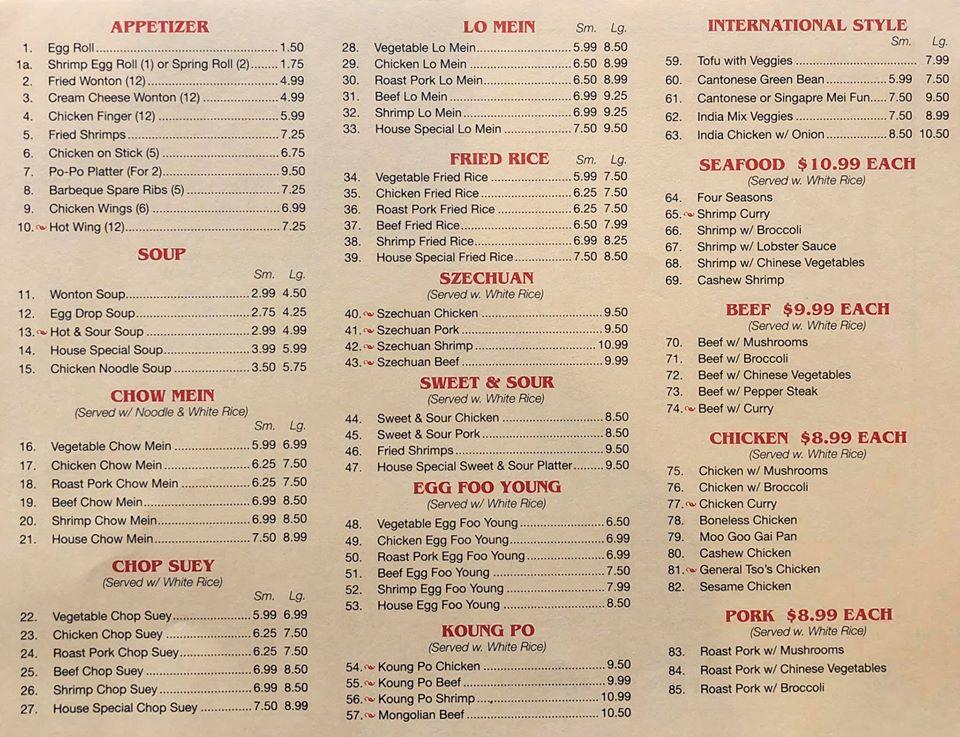 Menu at Chinatown Buffet restaurant, Savannah, 309 US-80