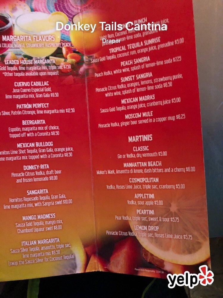 Menu at Donkey Tails Cantina pub & bar, Draper