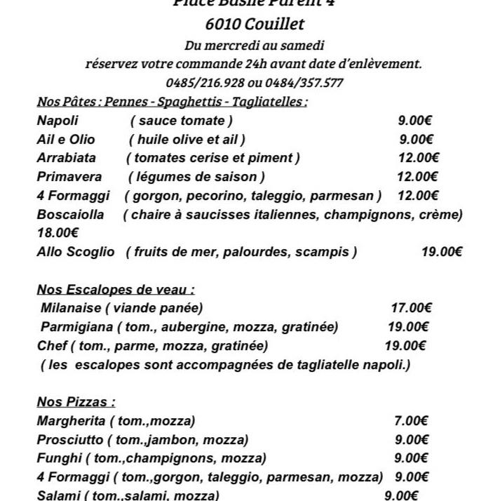 Menu au La Cantina del Sud, Charleroi, Pl. Basile Parent 4