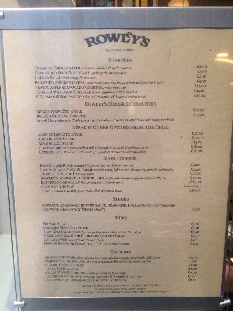 Menu at Rowley's Restaurant, London