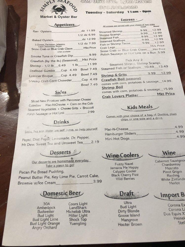 Menu at Simply Seafood Market & Oyster Bar, Lynn Haven