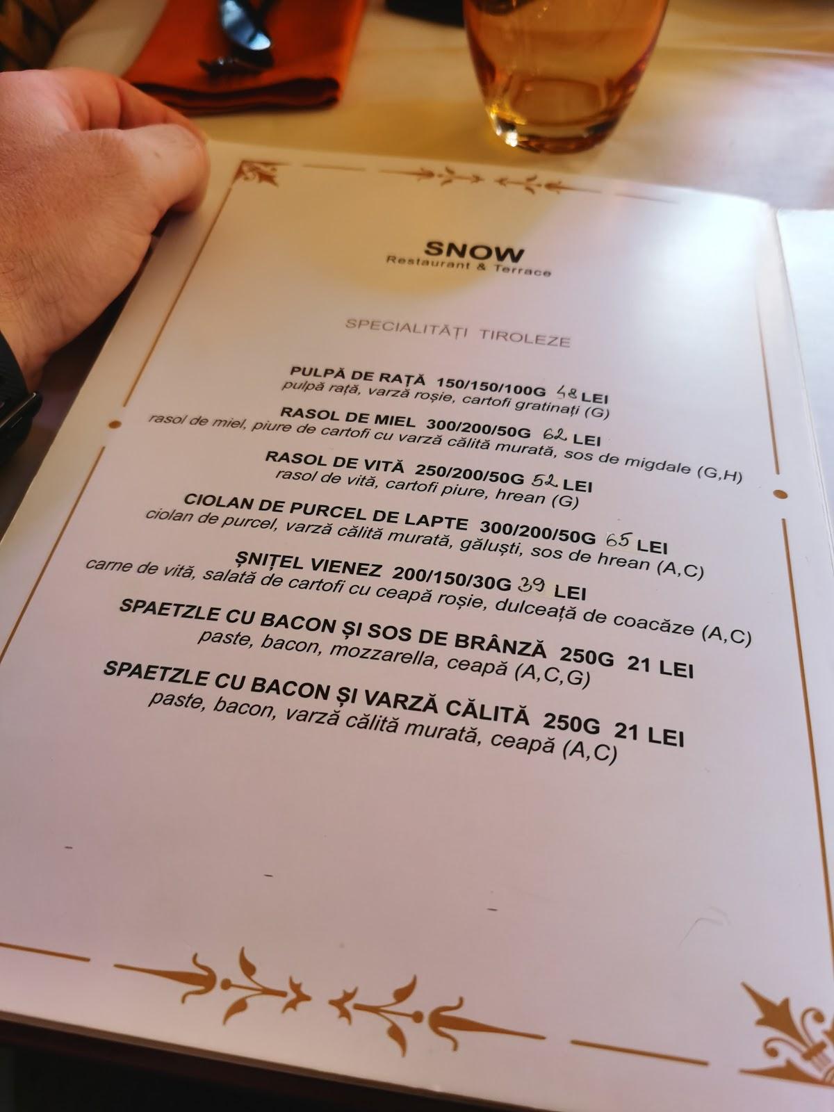 Menu at Snow Restaurant, Sinaia