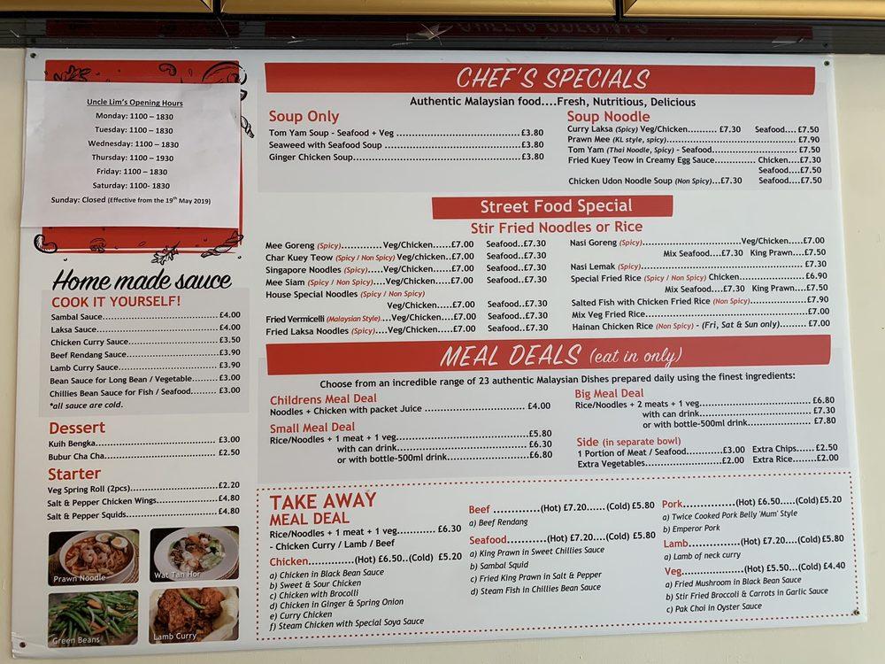 Menu at Uncle Lim's restaurant, Croydon