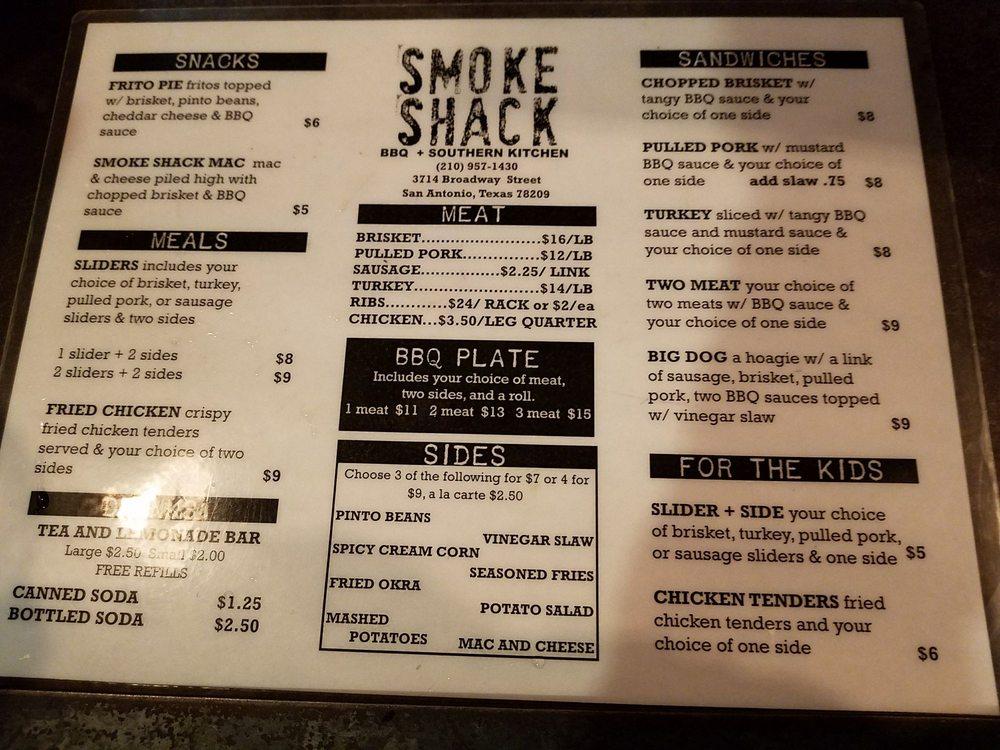 Menu at Smoke Shack BBQ, San Antonio