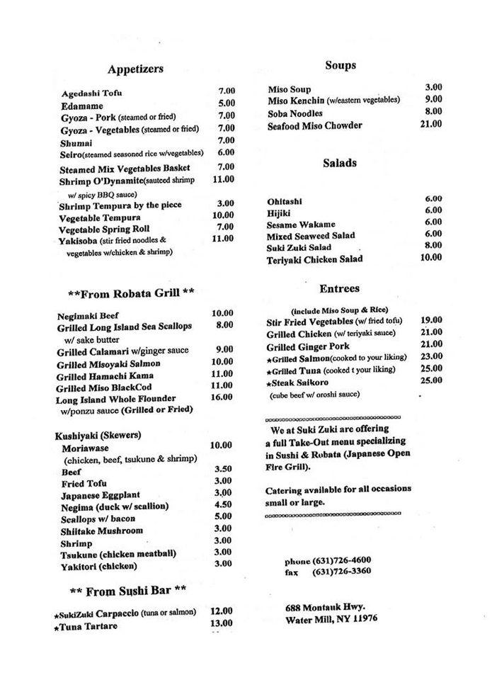 Menu at Suki Zuki restaurant, Water Mill