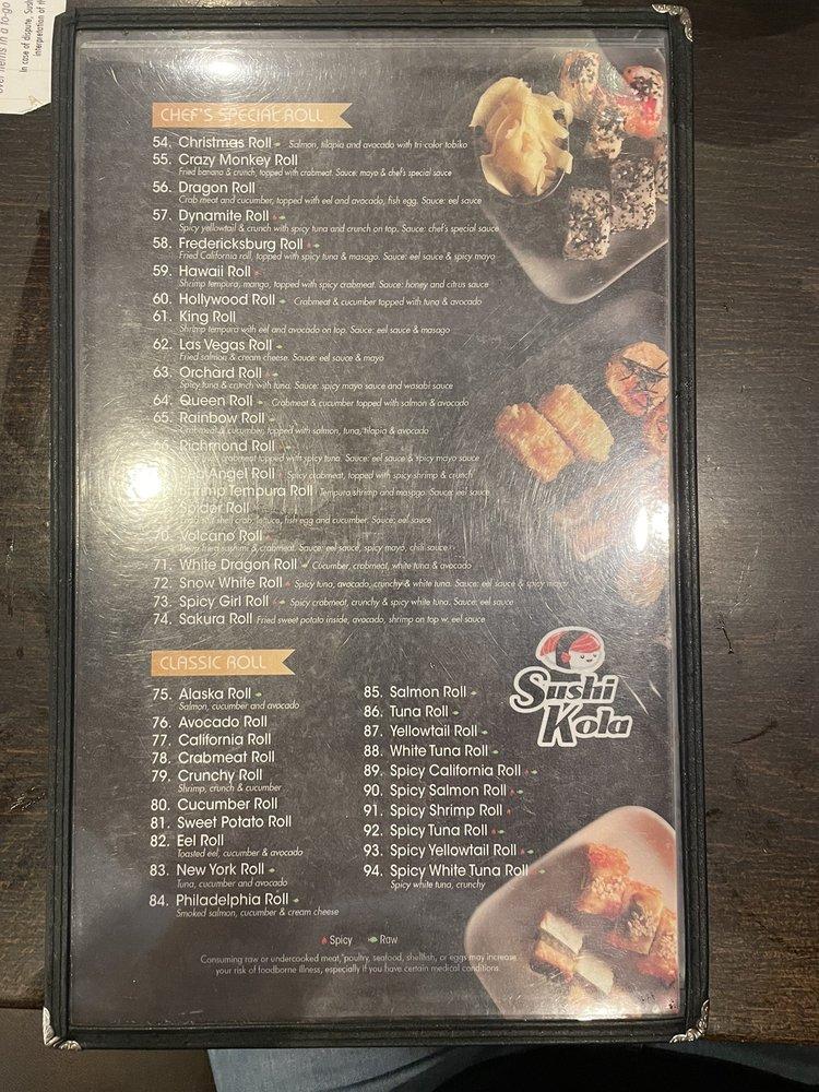 Menu at Sushi Kola restaurant, Fredericksburg