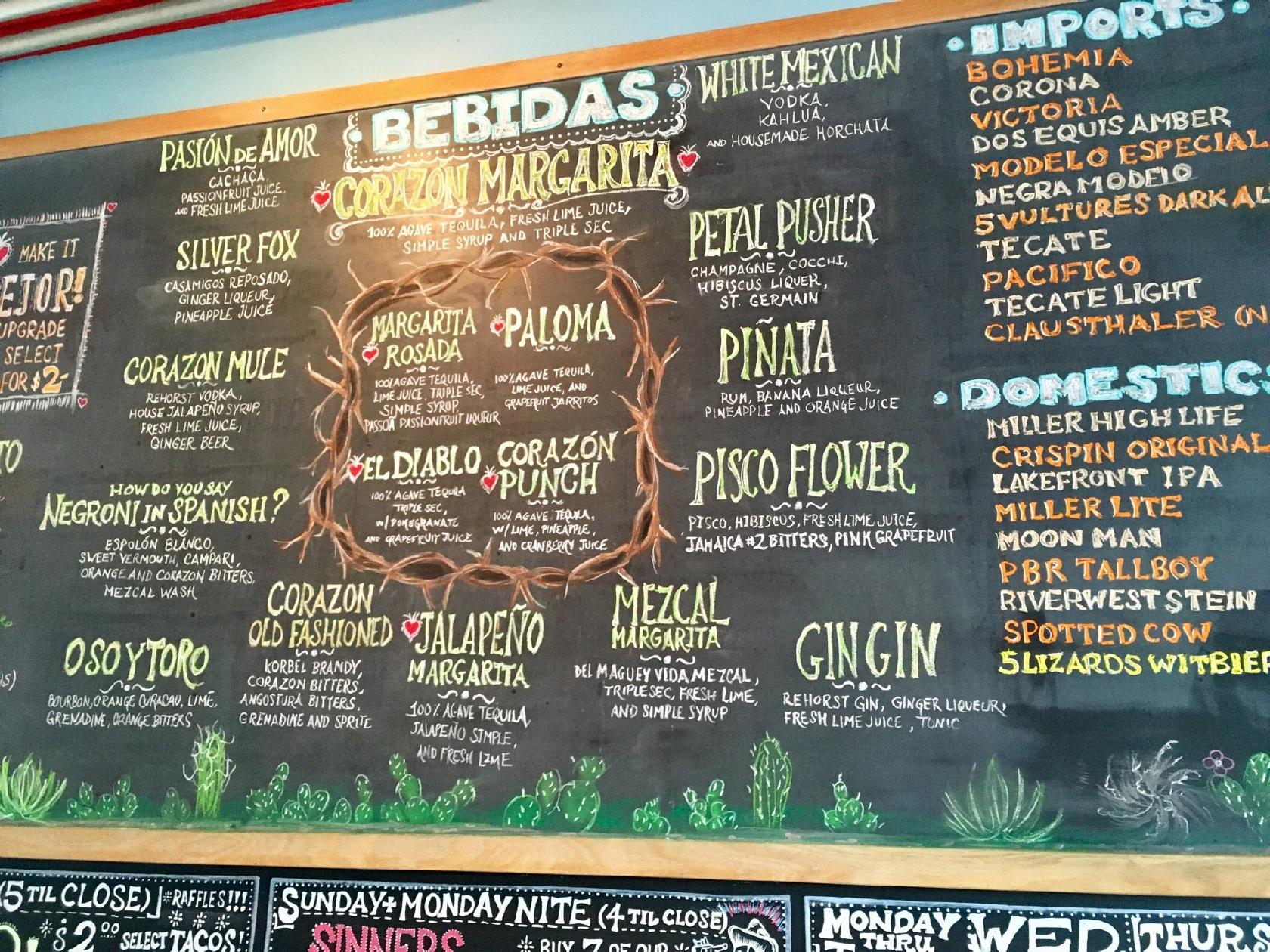 Menu at Café Corazón pub & bar, Milwaukee, N Bremen St
