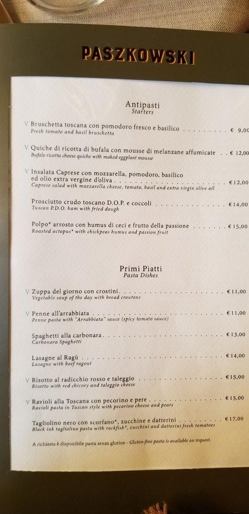 Menu at Caffe Concerto Paszkowski cafe, Florence
