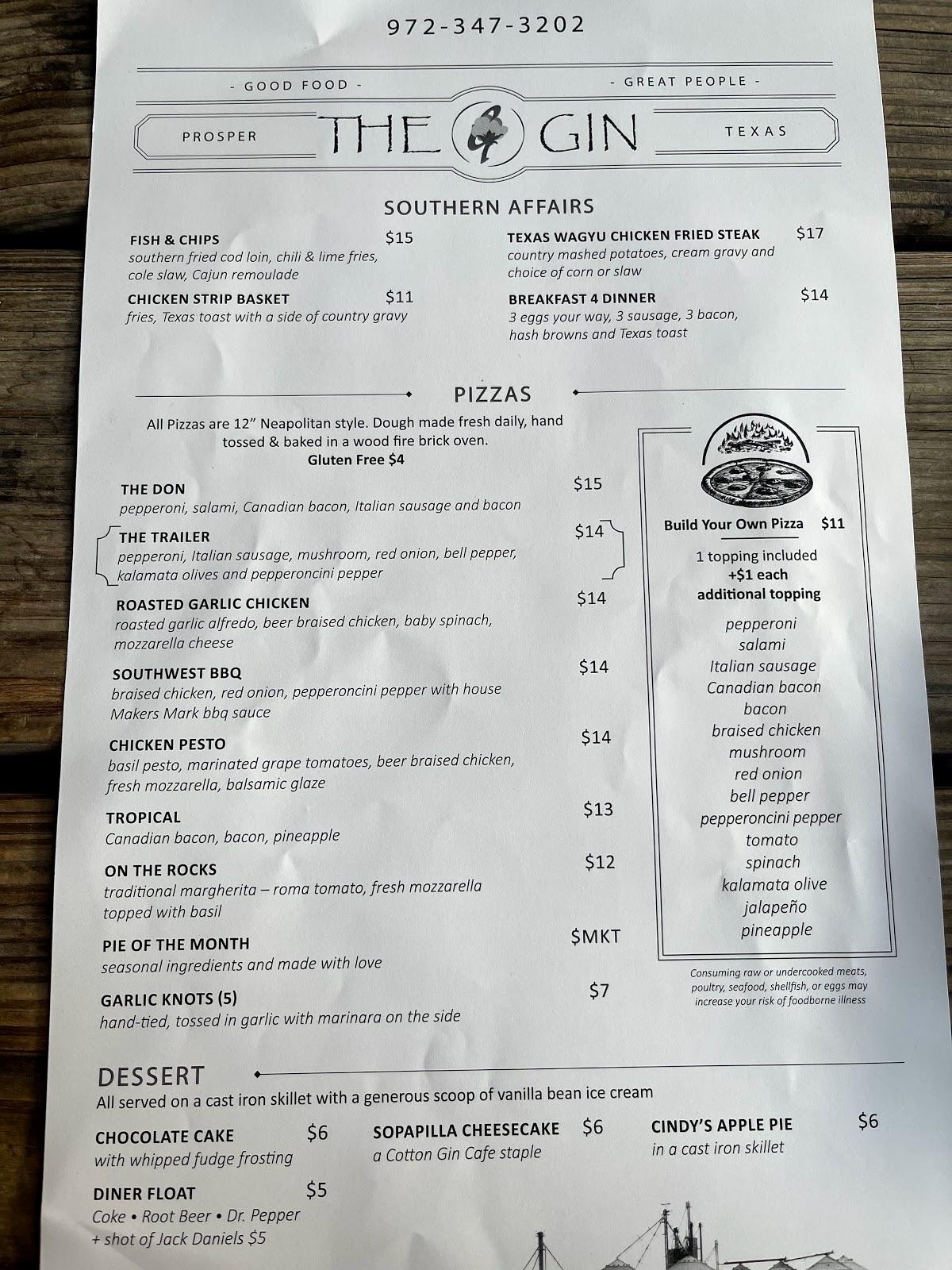 Menu at The Gin pub & bar, Prosper, 204 W Broadway St