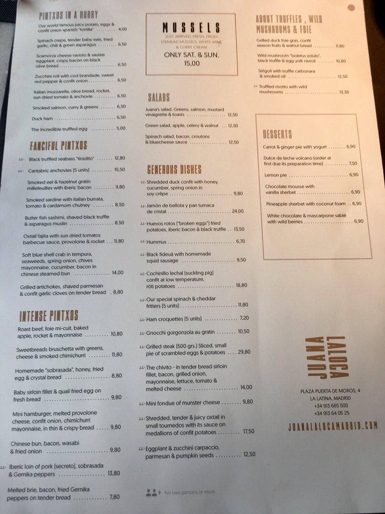 Menu at Juana La Loca restaurant, Madrid, Pl. de Prta de Moros