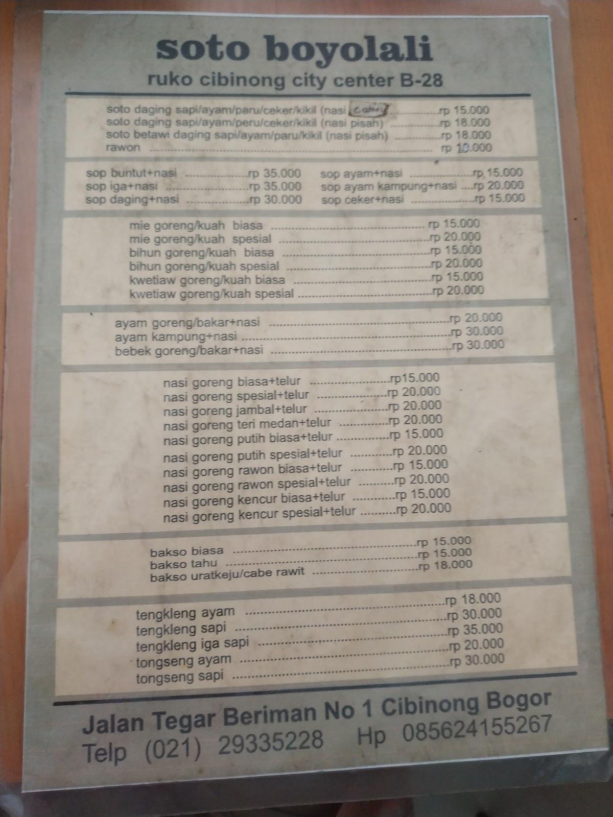 Menu at Pak Muri Soto Boyolali restaurant, Cibinong