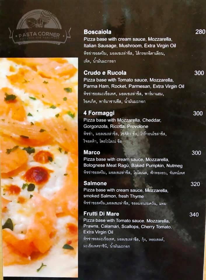 Menu at Pasta Corner restaurant, Chiang Mai, 22 1 Suk Kasame Rd