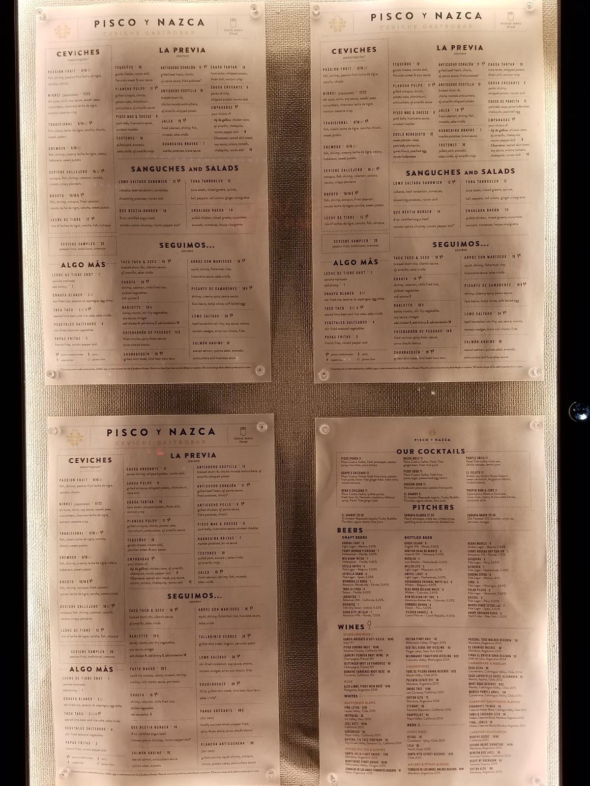 Carta de Pisco y Nazca Ceviche Gastrobar, Doral, NW 53rd St A101