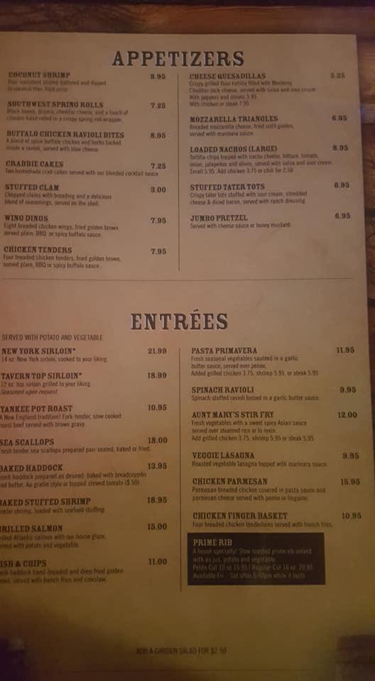 Menu at Quaker Tavern restaurant, Uxbridge, 466 Quaker Hwy #1603