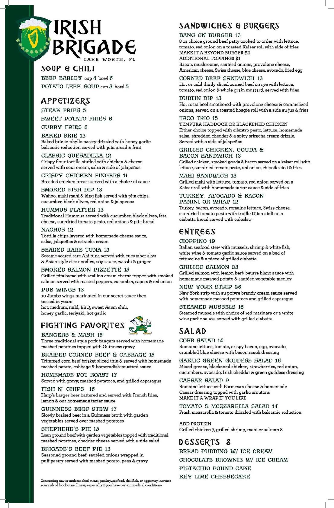 Menu at The Irish Brigade pub & bar, Lake Worth